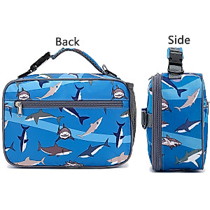 FlowFly Kids Lunch Bag, Durable Insulated School Lunch Box with Shoulder Strap and Bottle Holder, Water-resistant Thermal Small Lunch Cooler Tote for Teen Boys & Girls,Shark
