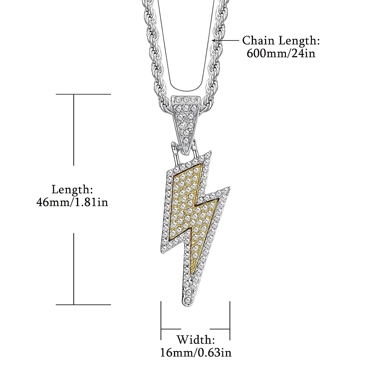 Jewenova Hip Hop Lighting Bolt Necklace, Gold And Silver CZ Iced Out Lighting Pendant, Rope Chain Jewelry For Wen Women Boyfriend Gifts with Box
