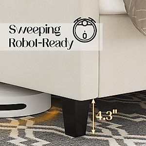 Jocisland Queen Upholstered Bed Frame with Tall Headboard Wingback Platform Bed Tufted Deep Button Velvet/No Box Spring Needed/Easy Assembly/Cream