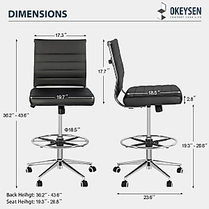 Okeysen Armless Drafting Chair, Tall Office Desk PU Leather Chair for Standing Desk, Drafting Stool with Mid Back, Rolling Stool with Footrest, Height Adjustable Swivel Task Chair for Home Office