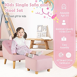 Costzon Kids Couch with Ottoman, Children's Sofa Toddler Chair w/Baby Velvet Surface, Children Armchair for Play Room, Nursery, Kindergarten, Chlidren's Sofa Gifts for 3-5 Years Old Boys Girls (Pink)