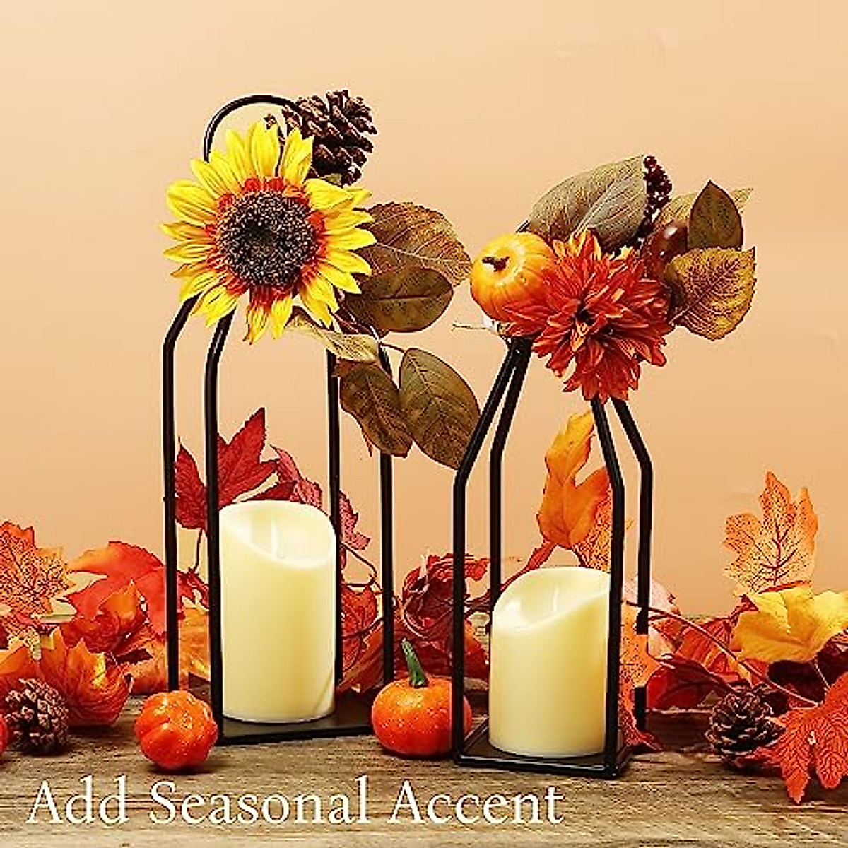 Perfnique Modern Farmhouse Lantern Decor, 15'' 13'' Set of 2 Black Metal Lanterns, 2 LED 6hr Timer Flickering Flameless Candles, Lanterns Decorative for Outdoor Decor, Home, Indoor, Patio