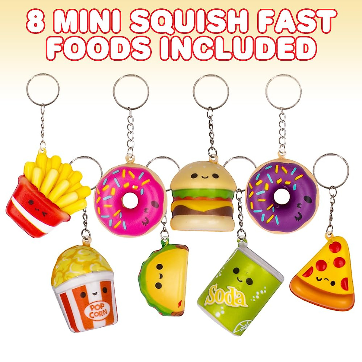 ArtCreativity Mini Squish Fast Food Toys, Set of 8, Slow-Rise Stress Relief Toys for Kids in Assorted Food Designs, Mini Fidget Toys for Sensory Play, Party Favors, Goodie Bag Fillers for Boys & Girls