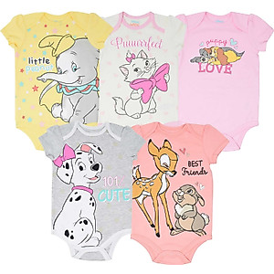 Disney Classics 101 Dalmatians Bambi Dumbo Aristocats Baby Girls 5 Pack Bodysuit 0-3 Months
