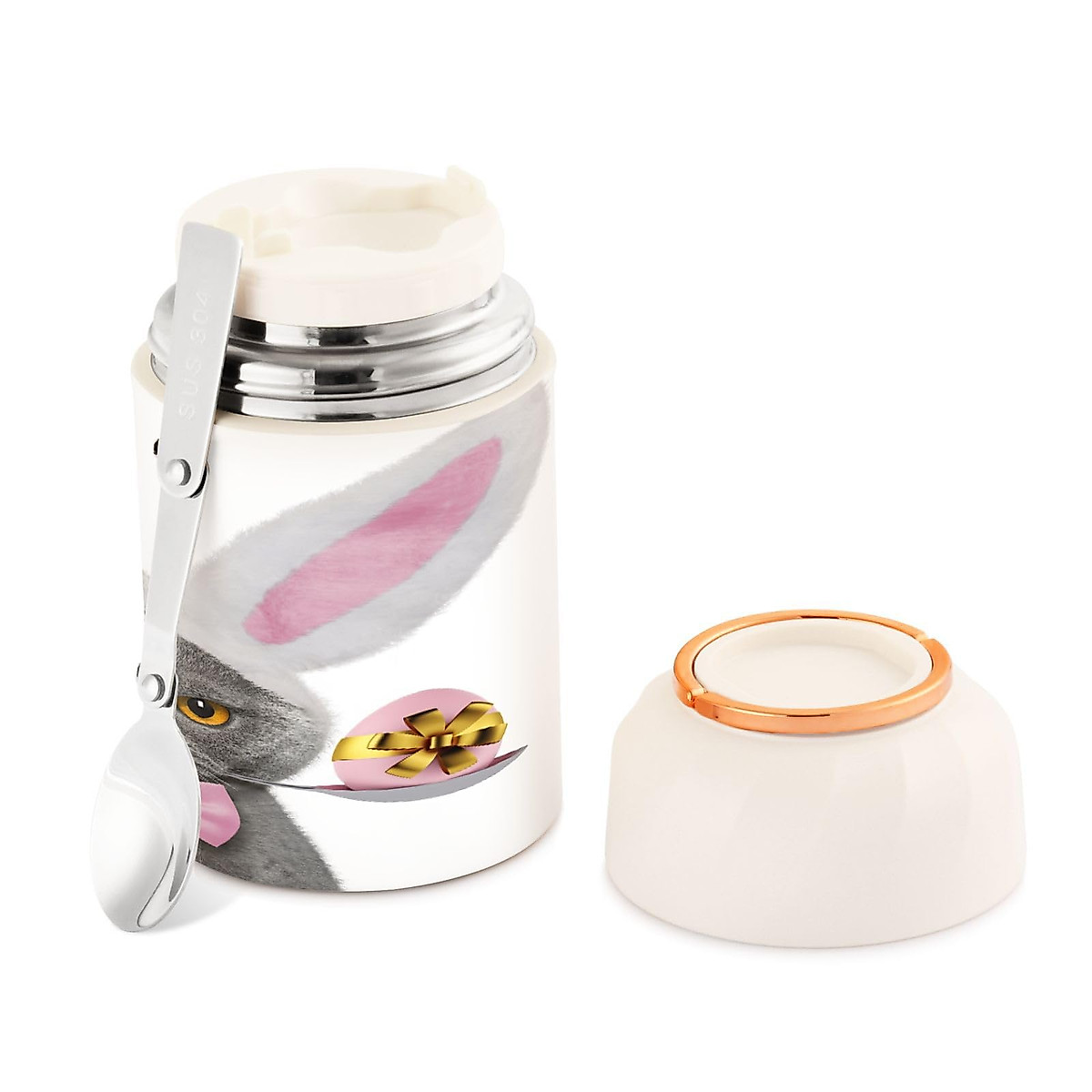 CUPADA Funny Cat Cute Food Jar, Bunny Rabbit Ears Insulated Hot Food Jars Vacuum 17OZ with Folding Spoon for Work Trip Picnic Camping