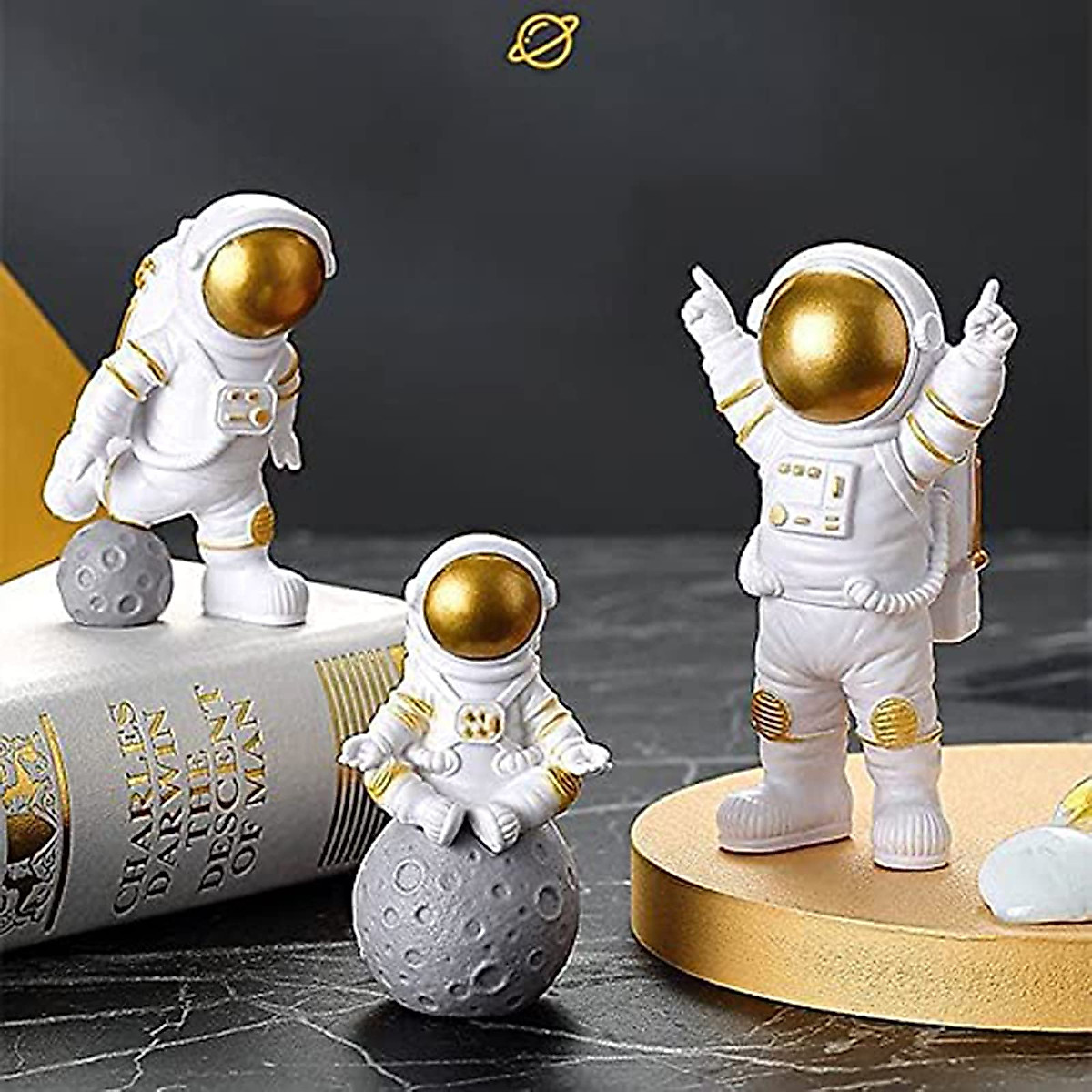 LUOZZY 3Pcs Astronaut Figurines Space Cake Toppers Outer Space Cake Decorations Spaceman Model Miniature Astronaut Figurines Toys (Golden)