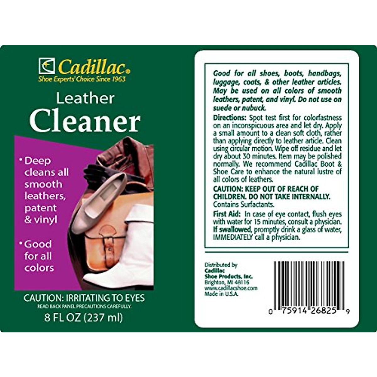 Cadillac Leather Cleaner - Great for Shoes, Boots, Handbags, Car Upholstery, Furniture- Removes Surface Dirt, Grime, Salt and More From Finished Leathers