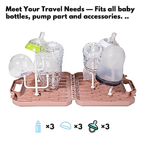 Jumperlay Portable Travel Baby Bottle Drying Rack, Compact Size Drying Rack for Baby Bottles and Accessories, Pump Part, Pacifiers (Pink)