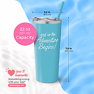 and So The Adventure Begins - Personalized Insulated Coffee Tumbler with Lid – Stainless Steel Insulated Travel Mug with Straw – Graduation, Promotion, Going Away, Job Change - Adventure Awaits