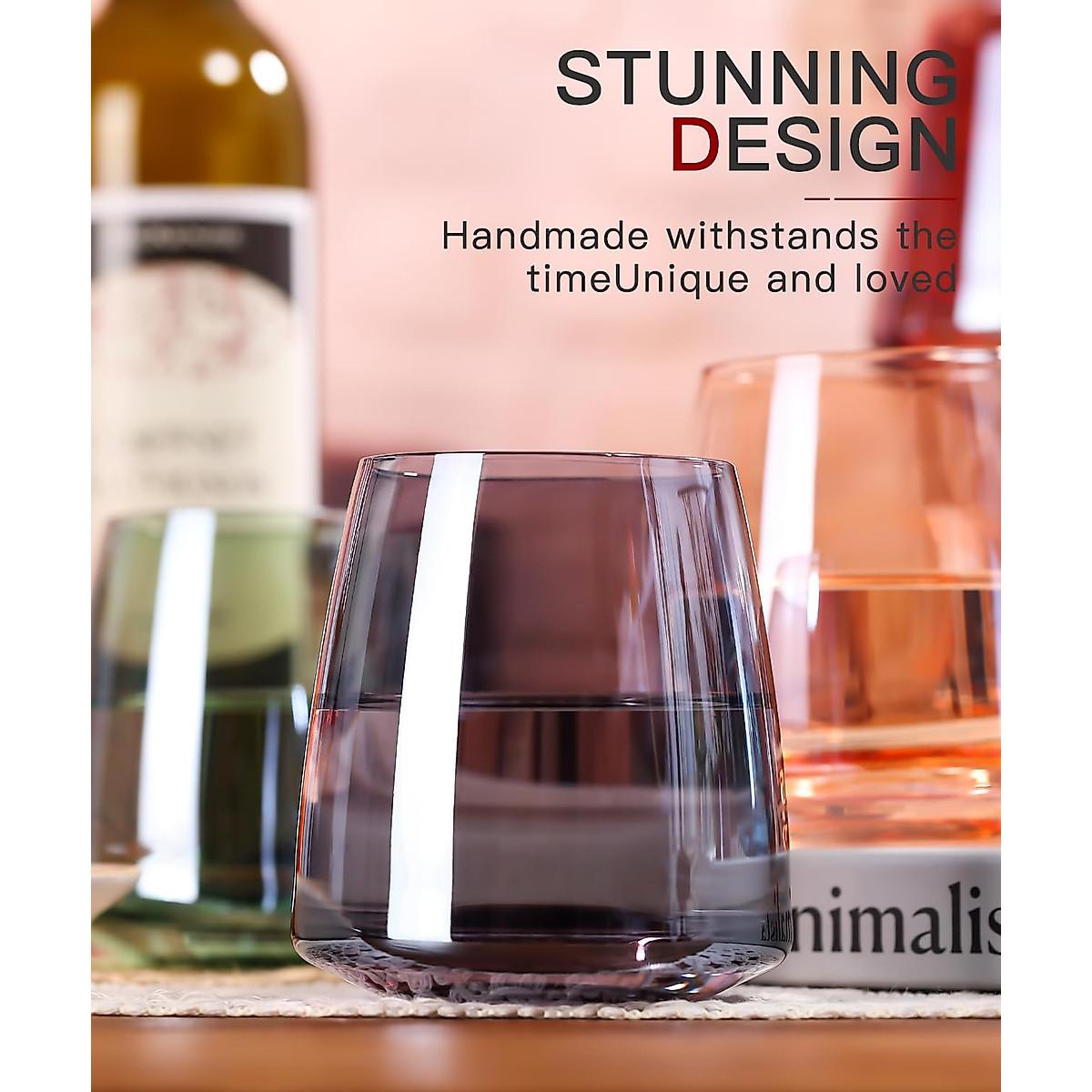 comfit Stemless Colored Wine Glasses Set of 6-15oz Colorful Wine Glasses,Perfect Red Wine Glass Stemware for Wine Lover in Mothers Day Gifts,Party