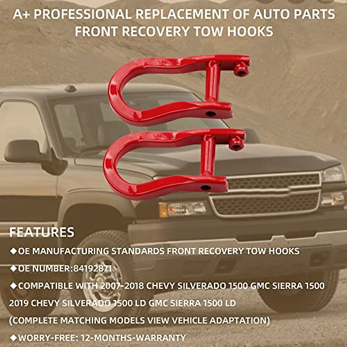 Front Tow Hooks Compatible with 2007-2019 Chevy Silverado GMC Sierra 1500 2019 Chevy Silverado GMC Sierra 1500 LD Replace 84192871