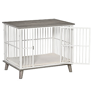 PawHut Dog Crate Furniture, Wooden End Table with Cushion & Lockable Door, Medium Size Pet Crate Indoor Puppy Cage, Grey