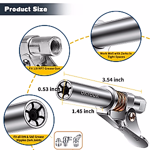 OKYOUK World's Smallest Grease Gun Coupler (Only 0.53 ") with Cleaning Tool, High Pressure Quick Release Grease Tips,Fit All 1/8" NPT Manual/Electric Grease Gun, for Greasing Locks onto Zerk Fittings