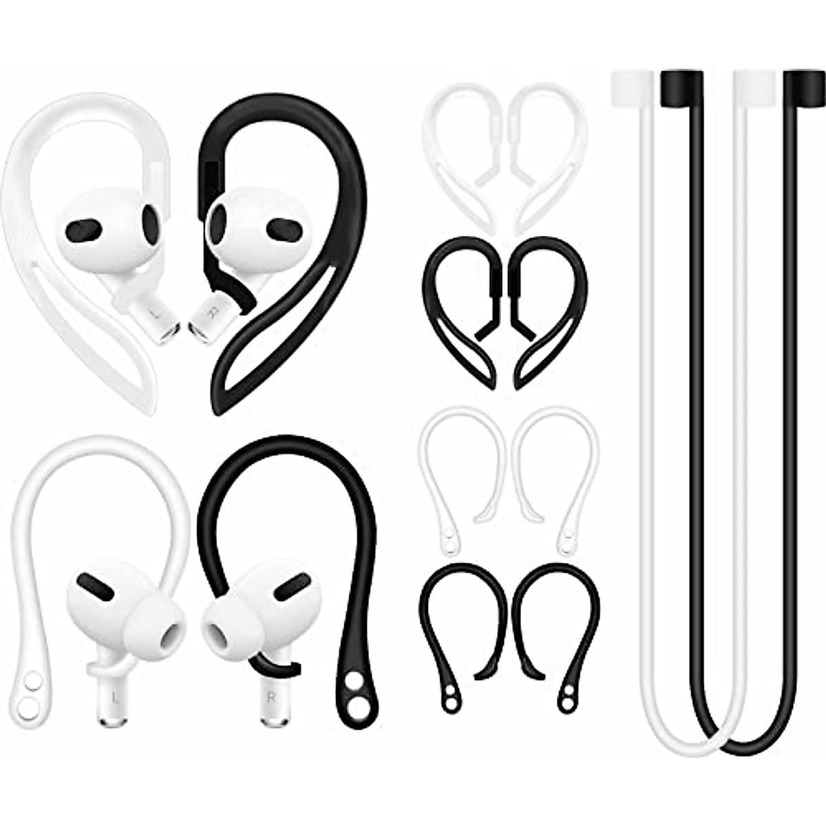 A-Focus 【 Anti-Slip Kit 】 for AirPods Pro 2 and Pro, Ergonomic 360 Degrees Rotation Adjustable Ear Hooks & Strap Non Slip Sport Wing Holder Compatible with New AirPods 3 2 & 1 [6 in 1] Black White