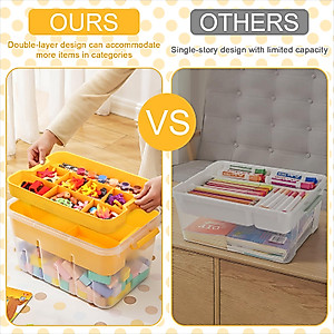 3 Layer Plastic Storage Box with Removable Tray, Clear Stack & Carry Box with Lid 12L Playroom Container Handled Organizer Stackable Art Craft Container Box for Organizing Toy Sewing Bead