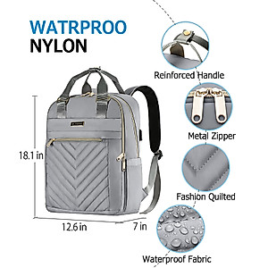 Travel Backpack for Women, 17.3 Inch Quilted School Laptop Bag, Large Back Pack Purse with USB Port, Work Business Teacher Computer Bag College Bookbags Casual Daypacks, Gray