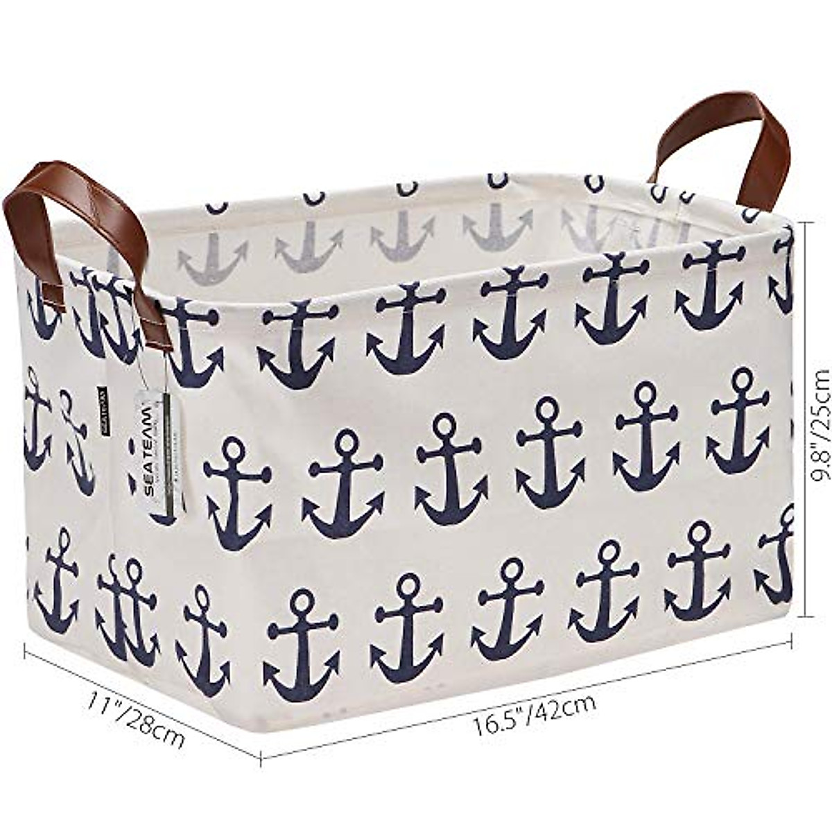 Sea Team Large Size Canvas Storage Bin Collapsible Shelf Basket Toy Organizer with Nautical Anchor Pattern, 16.5 by 11.8 inches, Navy Blue