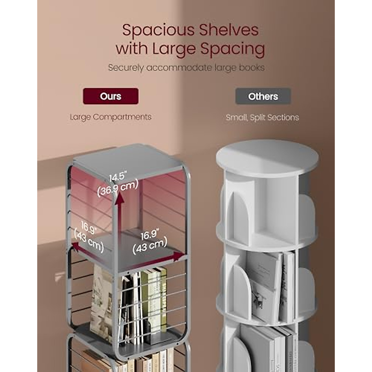VASAGLE 4-Tier Rotating Bookshelf, Bookcase with Bookends for Small Spaces, Corner Shelf, Steel Frame, Dove Grey ULLS127G36