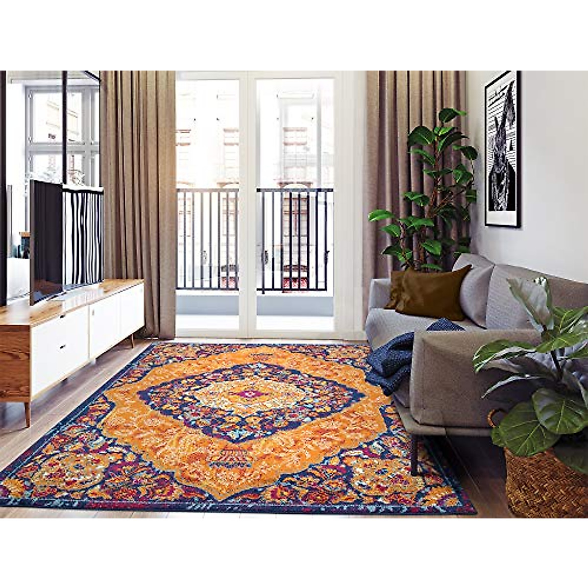 Machine Washable Modern Design Jute Back 5x7 Abstract Indoor Area Rug for Bedroom, Living Room, Dining Room, Office, 5'3" x 6'11", Orange