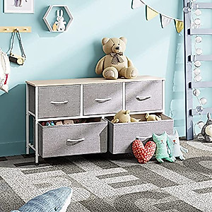 WLIVE 1-Drawer Nightstand and 5-Drawer Dresser Set, Fabric Storage Tower for Bedroom, Hallway, Nursery, Closets, Tall Chest Organizer Unit with Textured Print Fabric Bins, Steel Frame