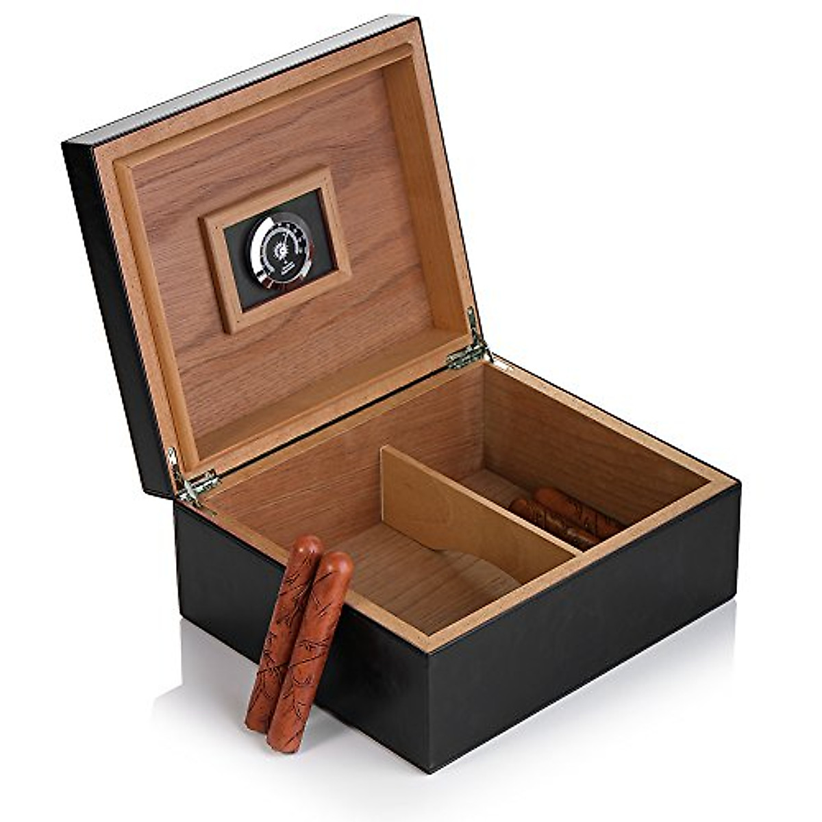 MEGACRA Desktop Humidor Case Holds 25-50 Cigars, Unique Elegant Leather Display, 100% Handcraft Real Solid Spanish Cedar Wood Storage Box with Humidifier and Hygrometer Desktop Humidors