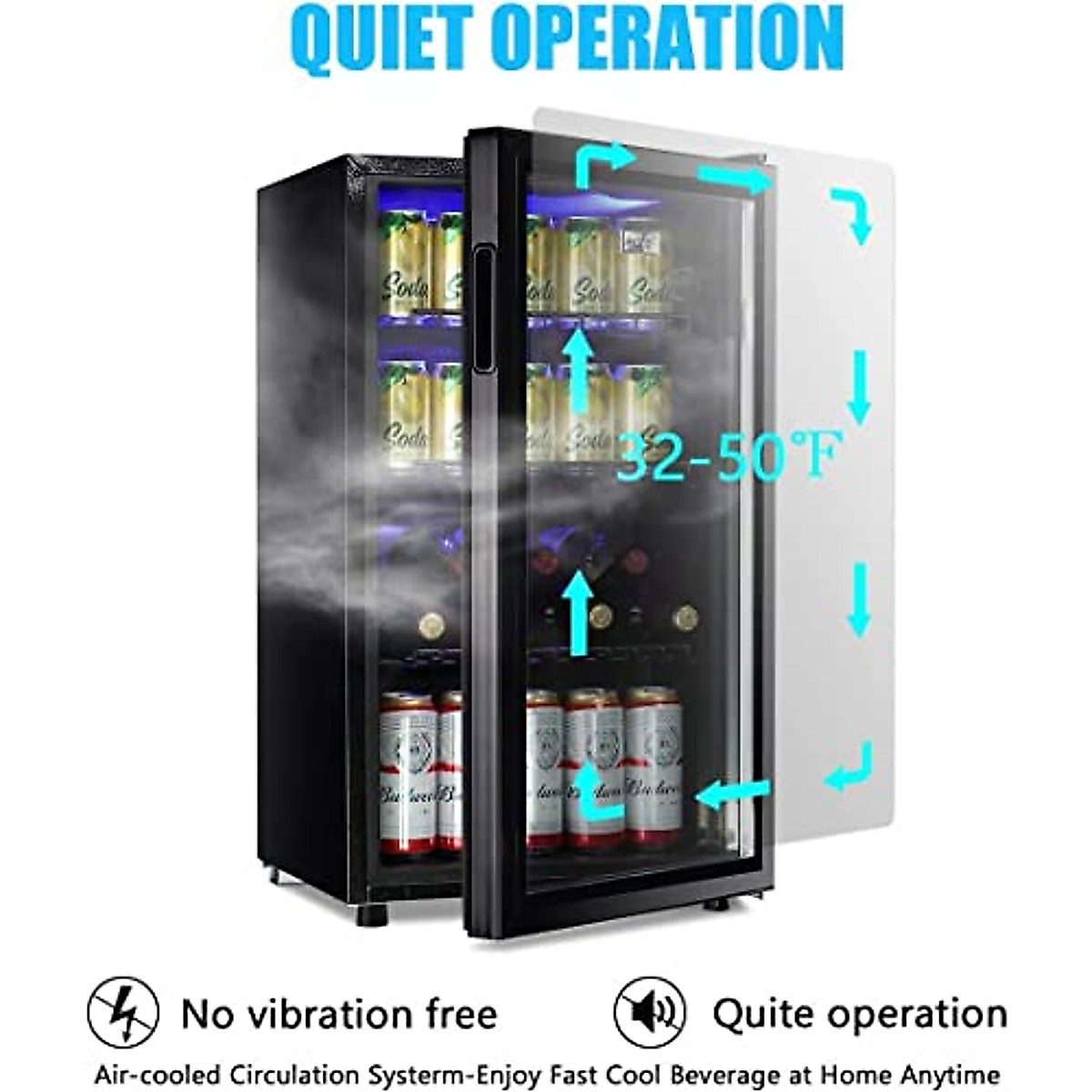 WANAI Beverage Refrigerator Cooler Mini Fridge Glass Door 100Can Beer Fridge Beverage Cooler Drinks Wines Juice Soda Cooler Adjustable Shelves Blue LED Lights Temp Control for Home Dorm 3.2 Cu. Ft