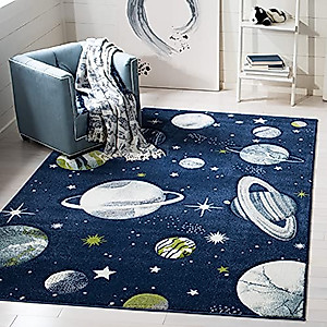 SAFAVIEH Carousel Kids Collection 4' x 6' Navy/Ivory CRK103N Outer Space Non-Shedding Playroom Nursery Bedroom Accent Rug