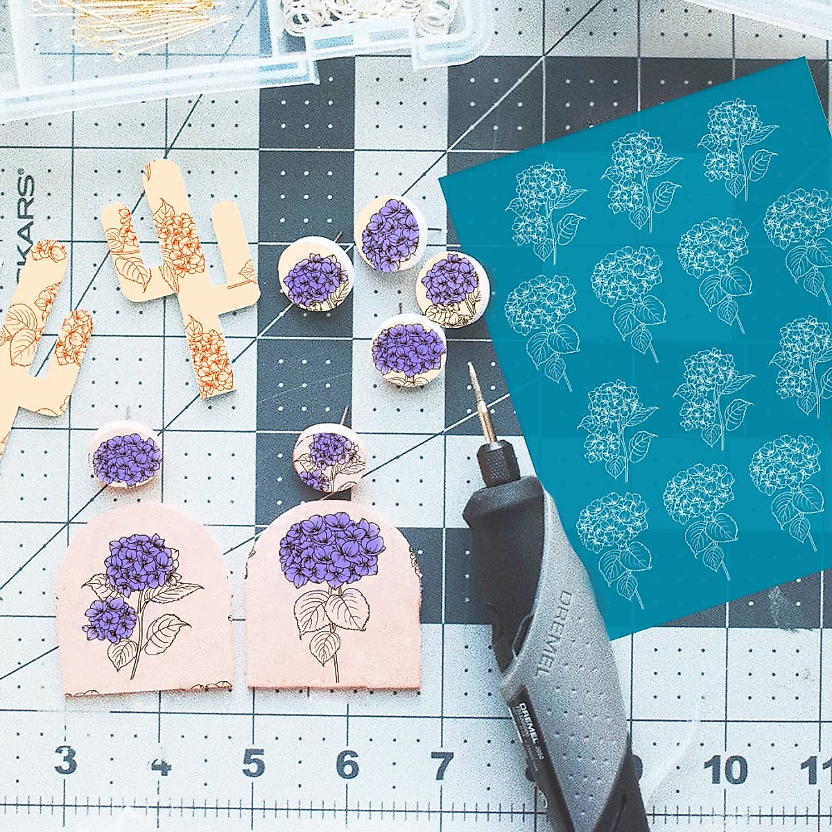 OLYCRAFT 4x5 Inch Clay Stencils Hydrangea Pattern Silk Screen for Polymer Clay Flower Silk Screen Stencils Mesh Transfer Stencils Plant Theme Mesh Stencil for Polymer Clay Jewelry Making
