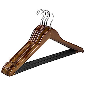 Home Basics Wooden Non-Slip Suit Hangers with Pants Bar – Smooth Finish Solid Wood Coat Hanger 360° Swivel Hook and Cut Notches for Jacket, Pant, Dress Clothes Hangers (Oak), Brown, 5 Pack