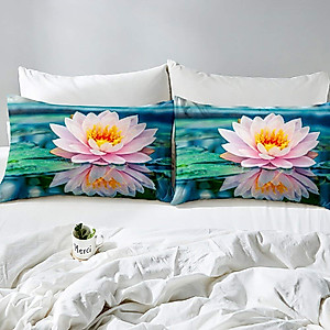 Homewish Lotus Bedding Set 3pcs for Kids Girls Green Leaf and Pink Flower Print Comforter Cover Plant Floral Duvet Cover Set Soft Polyester Quilt Cover with 2 Pillow Cases(No Comforter) Queen Size