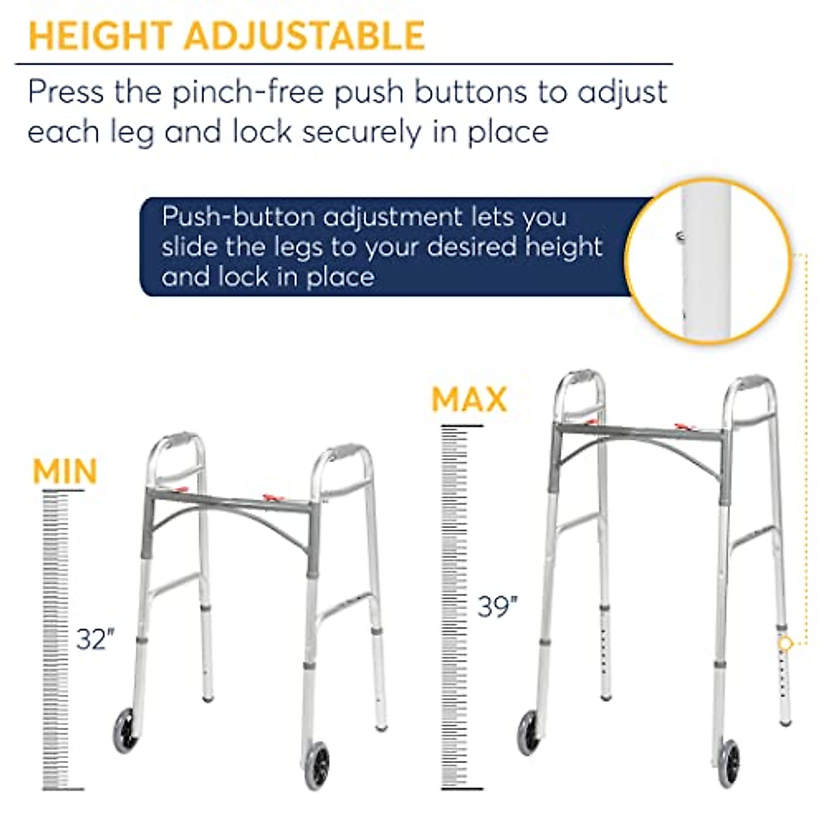 Drive Medical 10210-1 2-Button Folding Walker with Wheels, Rolling Walker, Front Wheel Walker, Lightweight Walkers for Seniors and Adults Weighing Up To 350 Pounds, Adjustable Height, Silver