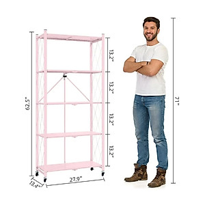 AZEITE 5-Tier Storage Shelving Unit, Heavy Duty Metal Shelf 27.9"x13.4"x62.5, Foldable Storage Shelf with Wheels, Garage Shelf, Kitchen Shelf with 4 Hooks, No Assemble Require（Pink）