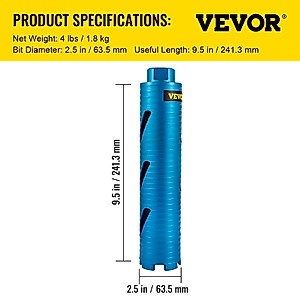 VEVOR Core Drill Bit, 2.5" / 63.5 mm Diameter 5/8"-11 Threaded, 9.5" / 241.3mm Depth Diamond Dry Coring Bore Tool with a Pilot Bit & 4.5" Blade, Masonry Hole Saw Bits for Hard Concrete Brick and Block