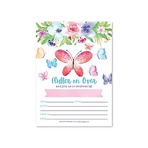 25 Watercolor Butterfly Floral Kid Party Invitations, Girl Boy Birthday Invite, Pastel Princess Boho Ribbon Rose Pink Gold Floral Vintage, Unique Whimsical Spring Flower Garden Bday Printable Template