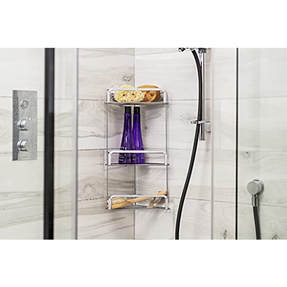 Croydex Stick n Lock Easy to Fit Adhesive Three Tier Corner Basket, Silver