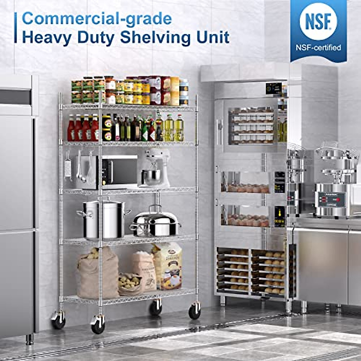 Luxspire Wire Shelving with Wheels,3000LB Heavy Duty Commercial-Grade Adjustable Storage Shelves, NSF-Certified Metal Shelving Utility Rack, Kitchen Garage Basement Shelf,5-Tier 48x18x72 in, Chrome