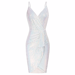 GRACE KARIN Cocktail Dresses for Wedding Guest Wrap V Neck Bodycon Dress White+Rainbow M