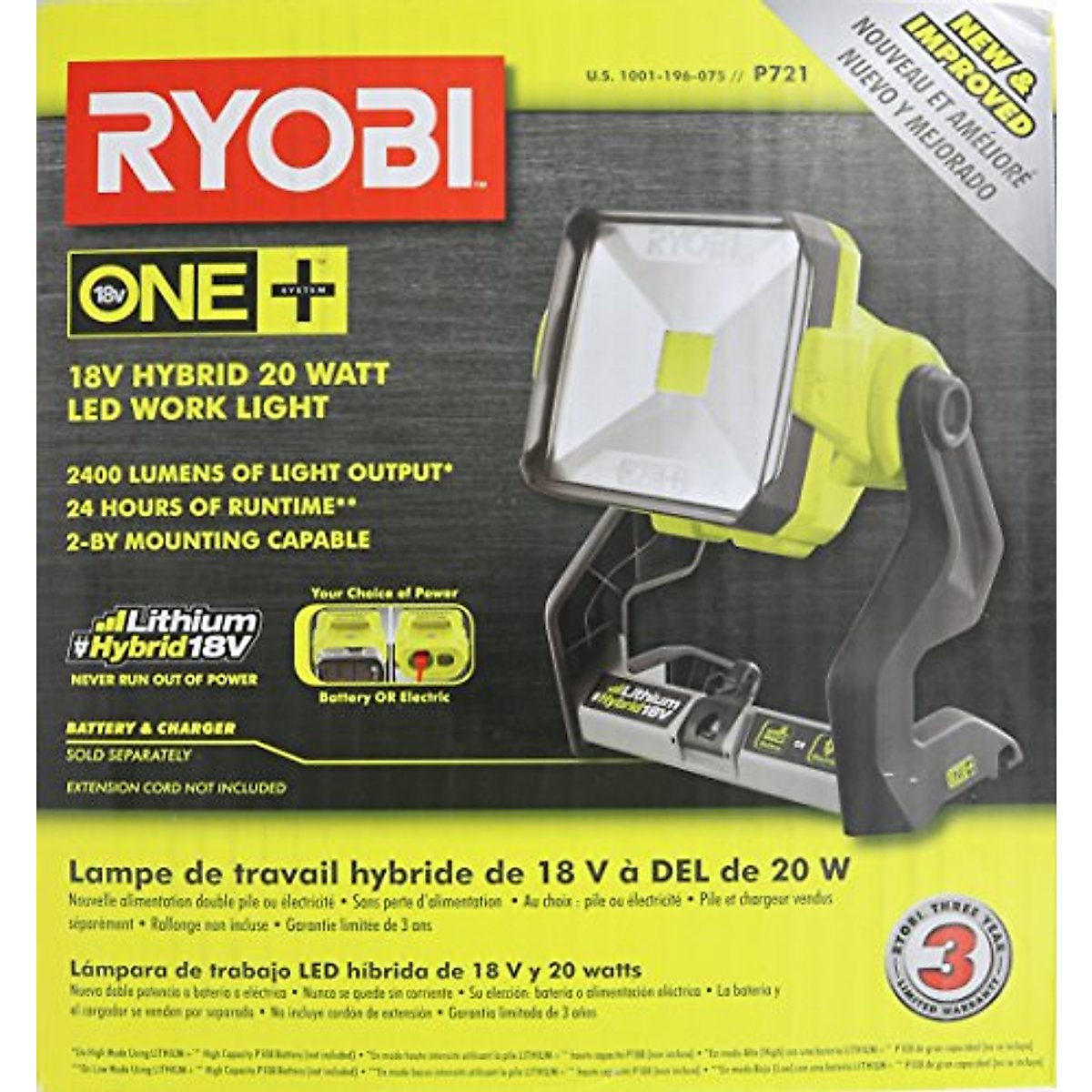 Ryobi P721 One+ 1,800 Lumen 18V Hybrid AC and Lithium Ion Powered Flat Standing LED Work Light with Onboard Mounting Options (Battery and Extension Cord Not Included, Light Only)