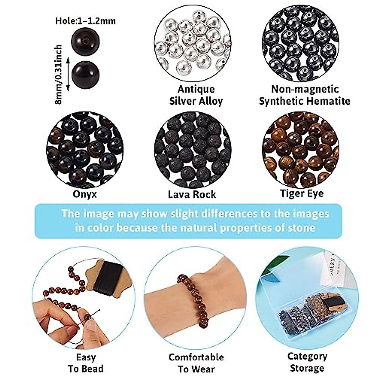FASHEWELRY Mala Yoga Men Bracelet Making Kit - 220pcs Natural Gemstone Lava Rock Tiger Eye Beads Healing Crystal Chakra Stone Beads with Black Nylon String for Essential Oil Diffuser Jewelry Making