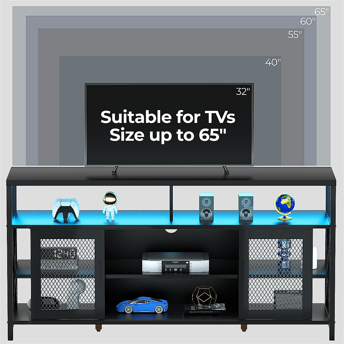 GreenForest TV Stand for 65 Inch TV, LED Lights Entertainment Center with Grid Cabinets for Living Room, 58 inch Television Stands TV Cabinet with 21 Dynamic RGB Modes, Black