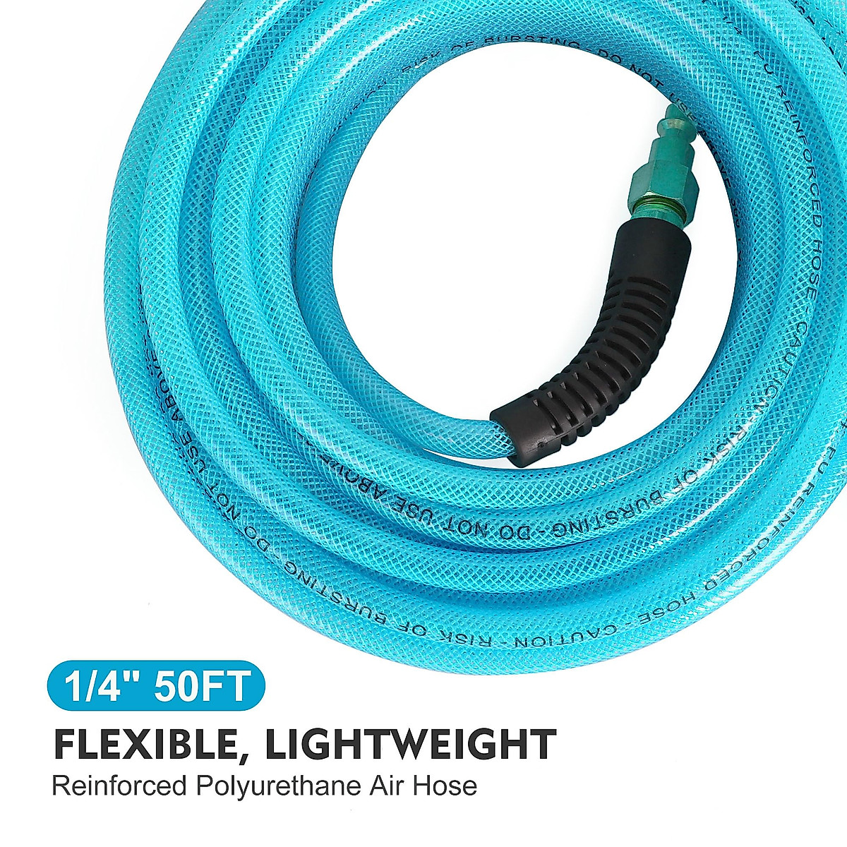 FYPower Air Compressor Hose 1/4 Inch x 50 Feet Reinforced Polyurethane (PU) Air Hose with Fittings, Bend Restrictors, 1/4" Industrial Quick Coupler and Plug Kit, Blue