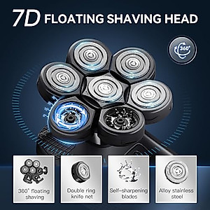 kensen 7D Head Shaver, 5 in 1 Bald Head Shavers for Men, Head Electric Razor with Nose Hair Sideburns Trimmer, Waterproof Wet/Dry Mens Grooming Kit, LED Display, USB Rechargeable, Gifts Travel Case