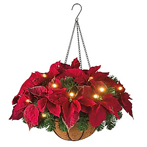 JUOPZKENN Prelit Artificial Christmas Hanging Basket, Artificial Poinsettia Hanging Basket Christmas Decoration Pendant with LED Lights, Fake Floral Arrangement Ornaments Xmas Holiday Favor