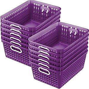 Really Good Stuff Multi-Purpose Plastic Storage Baskets for Classroom or Home Use - Stackable Mesh Plastic Baskets with Grip Handles 13" x 10" (Purple - Set of 12)