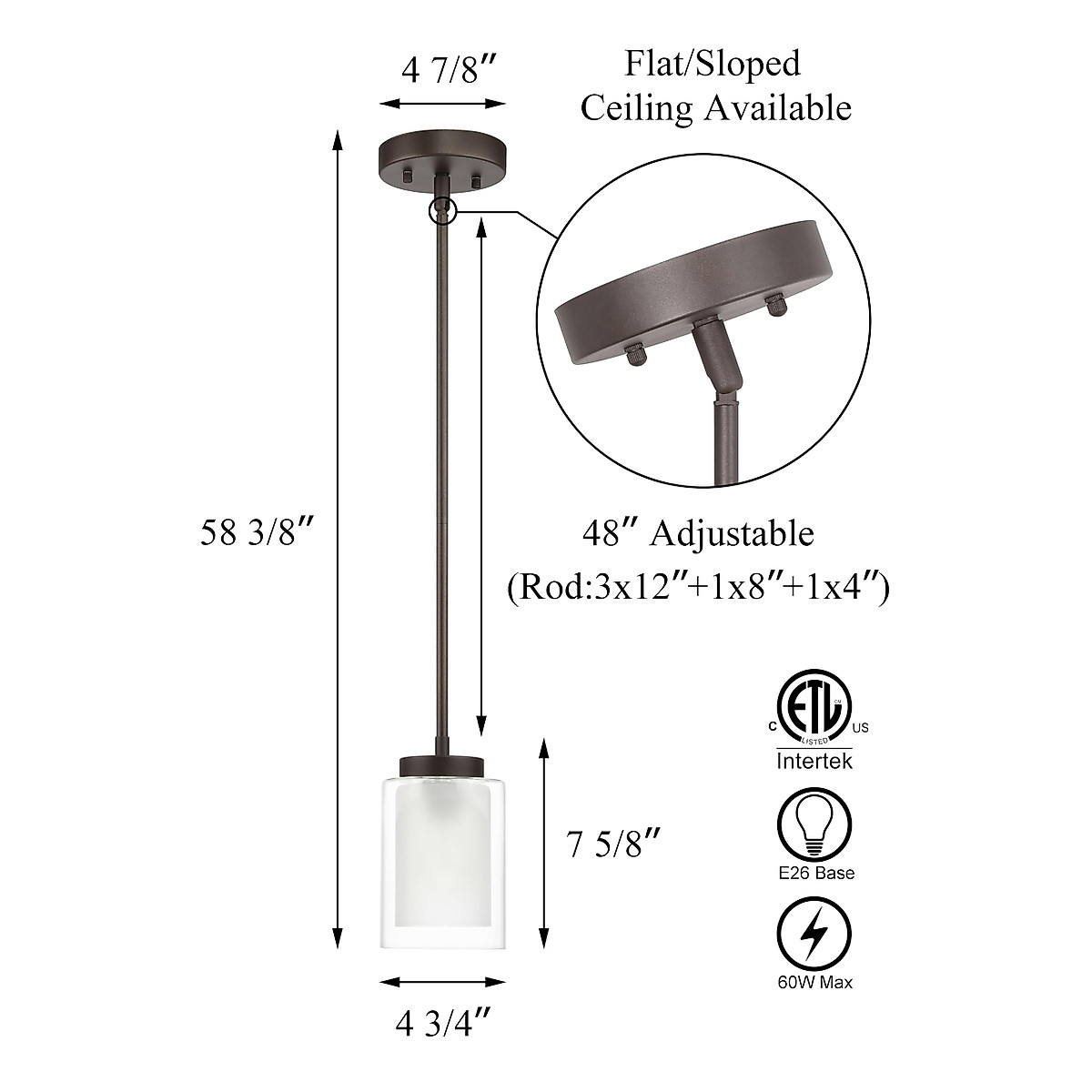 XiNBEi Lighting Pendant Lighting Modern 1 Light Mini Pendant Light with Dual Glass in Dark Bronze, Adjustable Hanging Ceiling Light for Kitchen & Living Room XB-P1195-DB