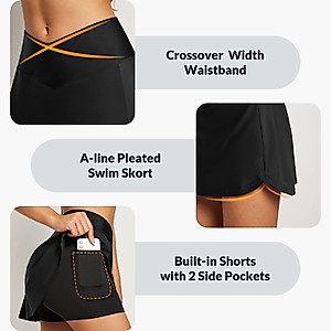 baleaf Women's Swim Skirt Bottoms High Waisted Bathing Suit Swimsuits Skirts Pleated Swim Skorts with Pockets Black S