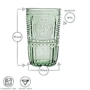 Bormioli Rocco Romantic Set Of 6 Cooler Glasses, 16 Oz. Colored Crystal Glass, Pastel Green, Made In Italy.