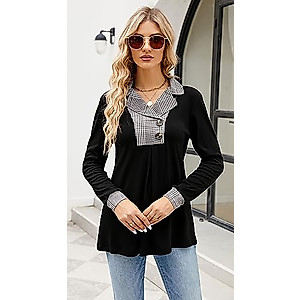 Newchoice Women Tunic Sweatshirt Work Summer Lapel Collar Long Sleeve Shirt Sweatshirts Pullover Blouse Tops(01Black White.XL)