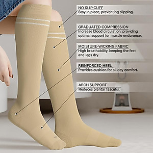 LEVSOX Compression Socks for Pregnant Women 20-30 mmHg Knee High Viscose for Bamboo Cute Funny Mens Supports Socks for Nurses, Medical, Travel and Flight, Wheat