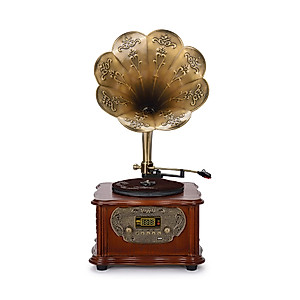 Wooden Gramophone Phonograph Turntable Vinyl Record Player Stereo Speakers System Control 33/45 RPM FM AUX USB Ouput Bluetooth 4.2